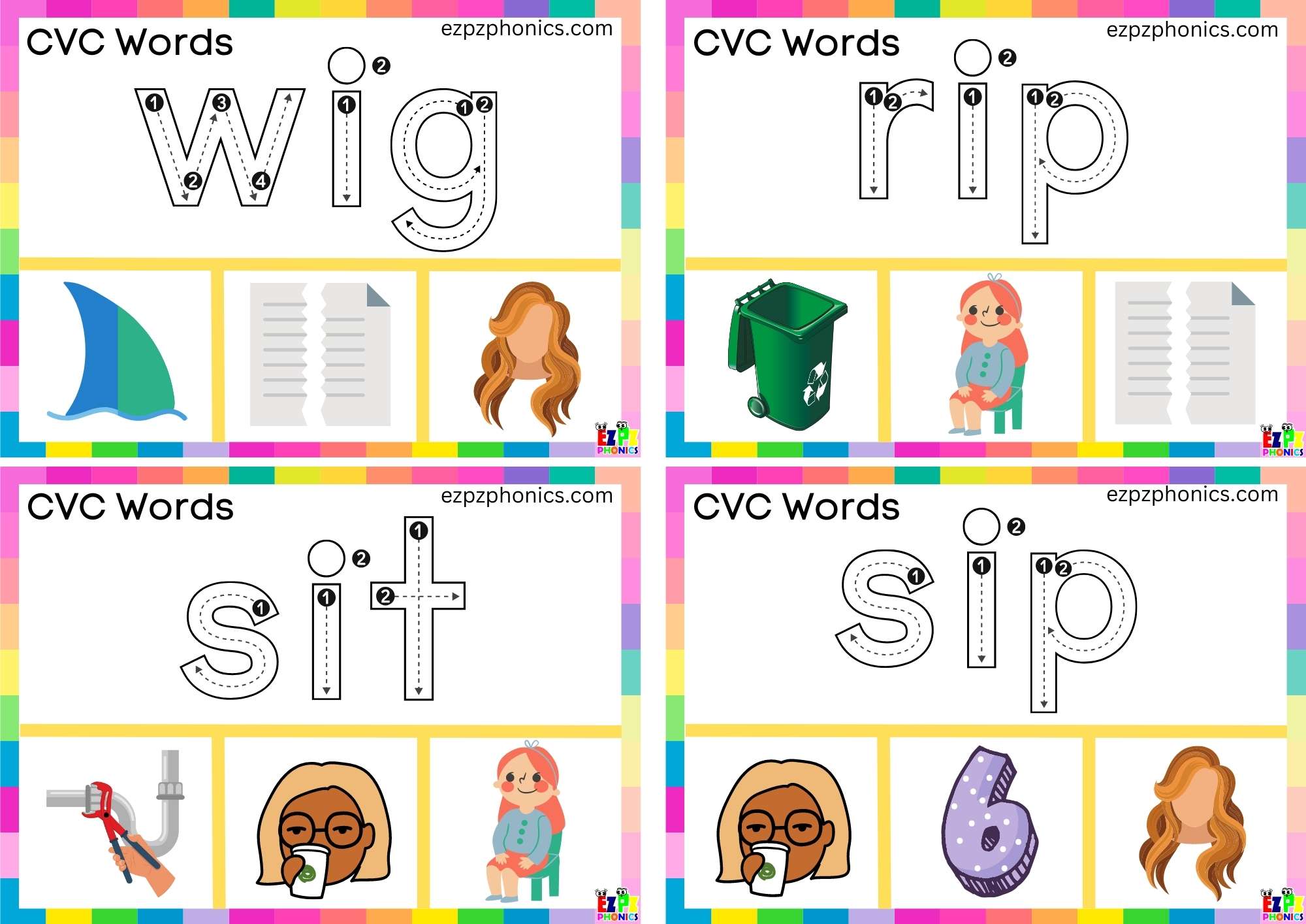 Short i Vowel CVC words Trace the letters and clip the correct image 1 - ezpzphonics.com